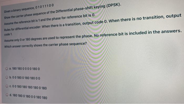 Solved Given a binary sequence, 01011100 Show the carrier | Chegg.com