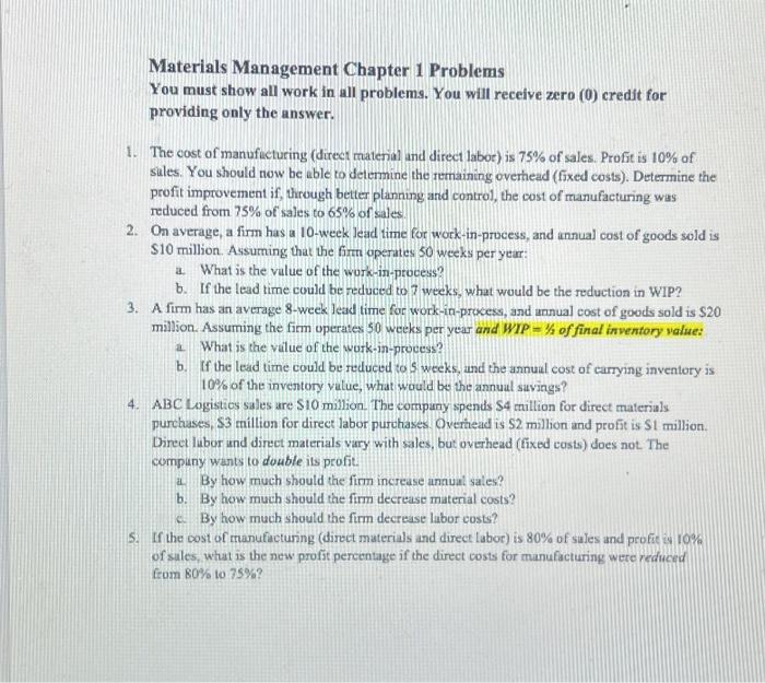 Solved Materials Management Chapter 1 Problems You must show | Chegg.com