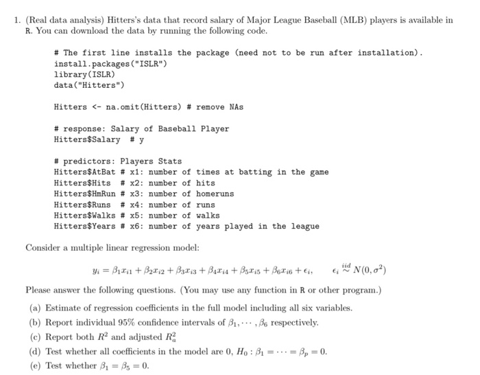 Solved 1. (Real data analysis) Hitters's data that record | Chegg.com