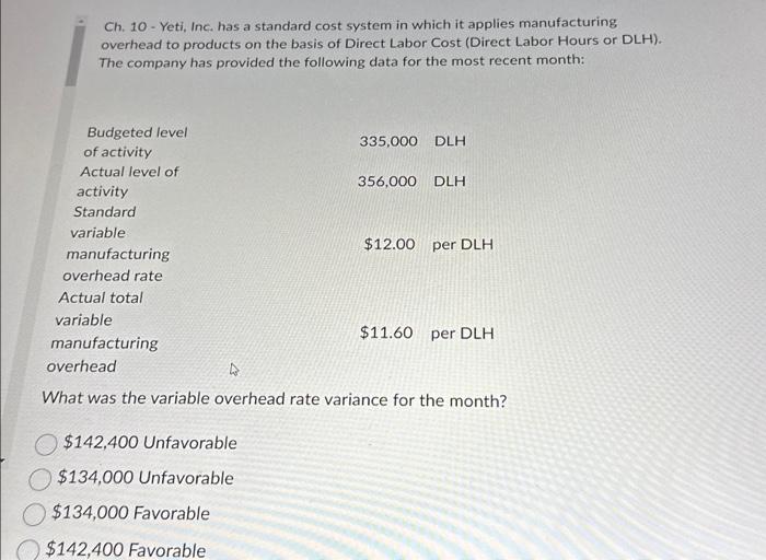 Solved Ch. 10-Yeti, Inc. has a standard cost system in which | Chegg.com