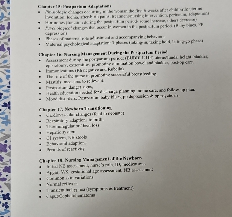 Solved Chapter 15: Postpartum AdaptationsPhysiologic changes | Chegg.com