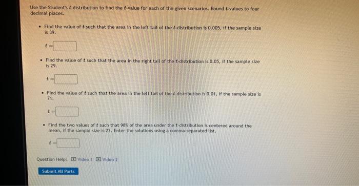 Solved Use the Student's t-distribution to find the t-value | Chegg.com