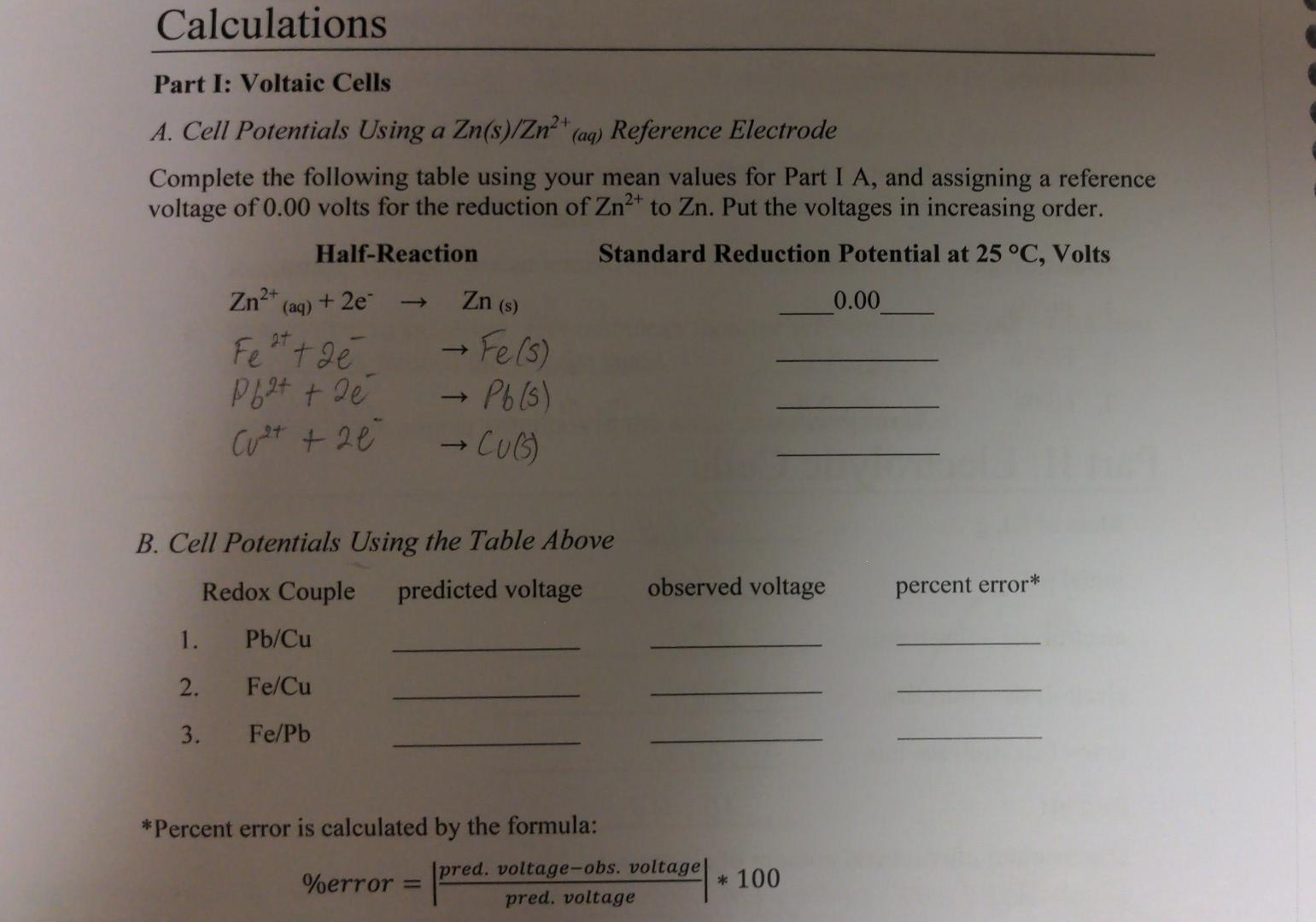 Solved Calculations Part I: Voltaic Cells A. Cell Potentials | Chegg.com