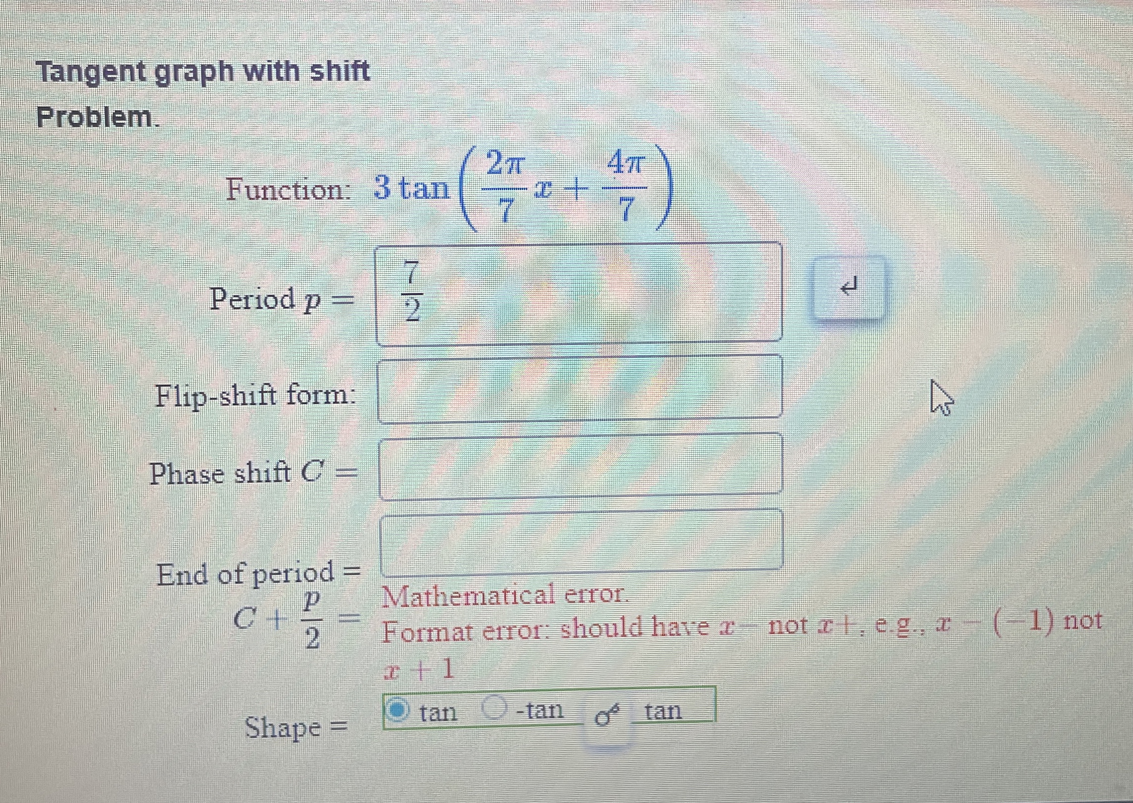 Solved Tangent graph with shift Problem. ﻿Function: | Chegg.com