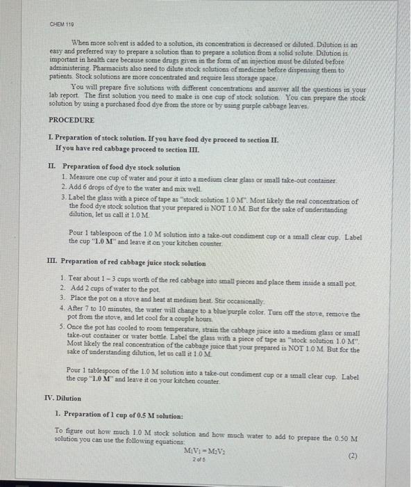 Solved LABORATORY REPORT Dilution and concentration of | Chegg.com
