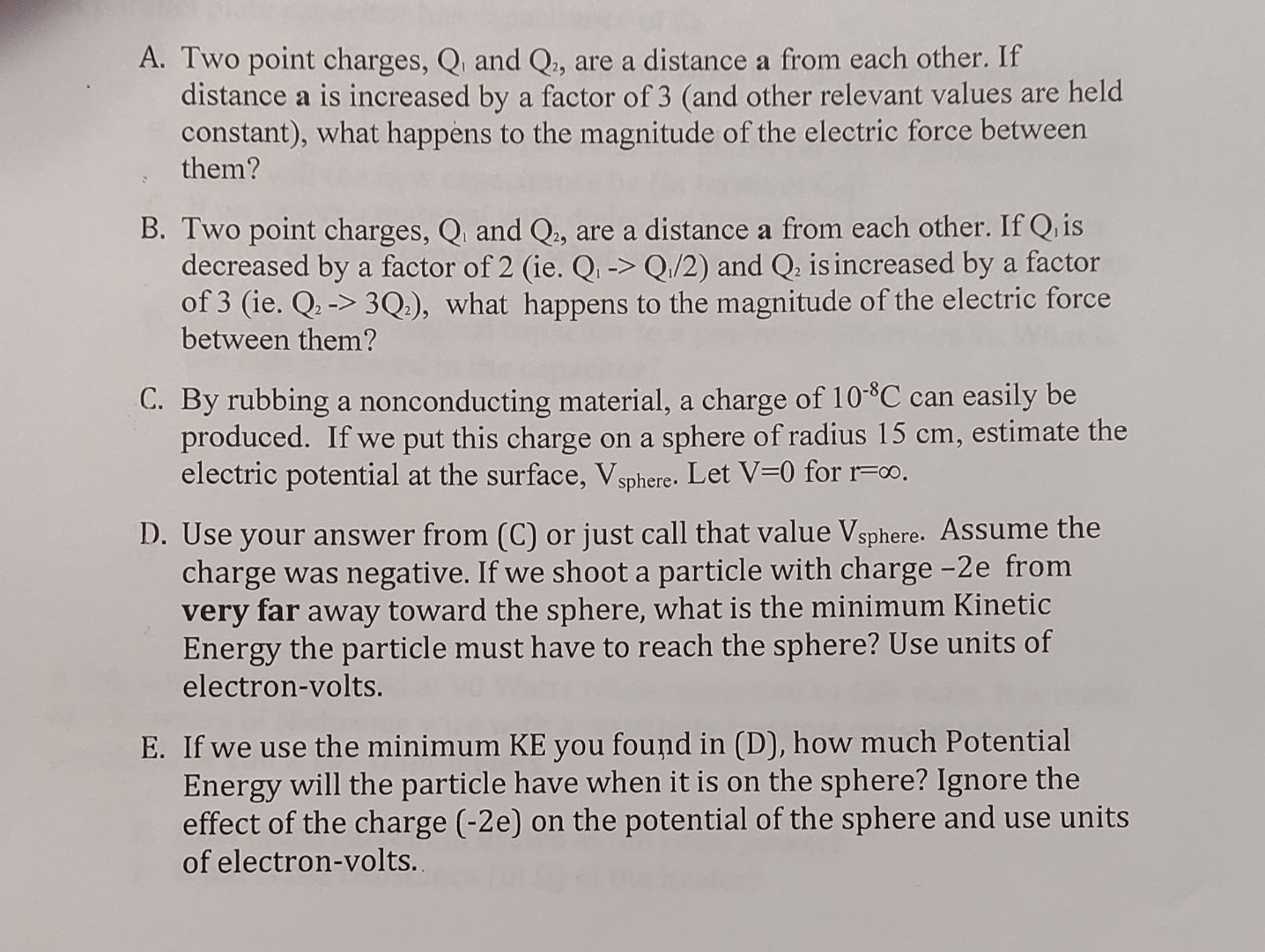 Solved A. ﻿Two point charges, Q1 ﻿and Q2, ﻿are a distance a | Chegg.com