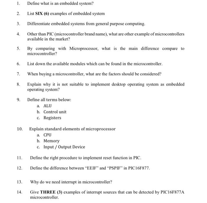 Solved Define What Is An Embedded System 2 List Six 6 6936