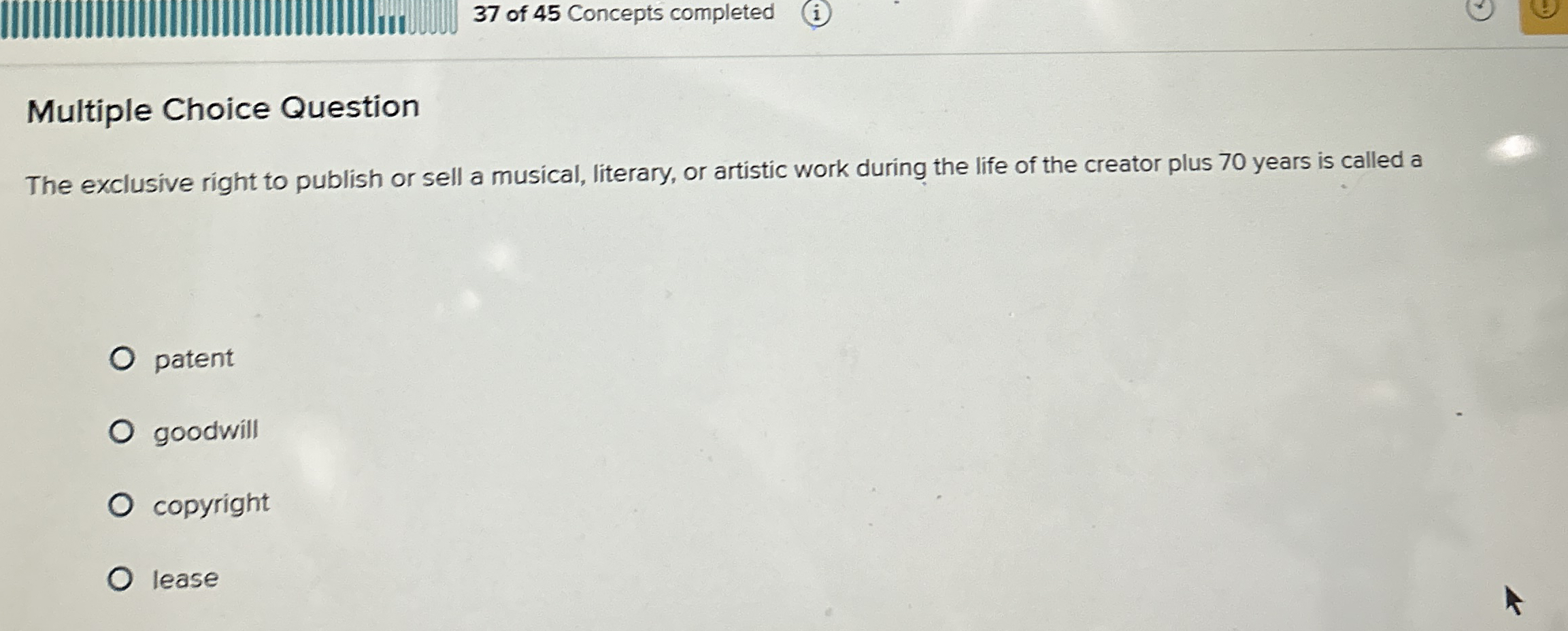 37 ﻿of 45 ﻿Concepts completedMultiple Choice | Chegg.com