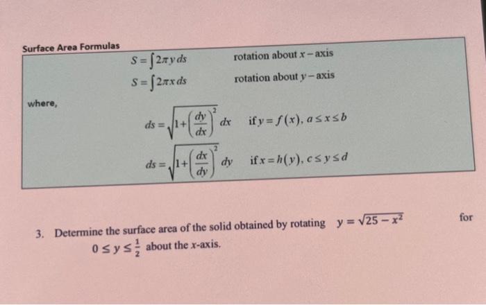 Solved Surface Area Formulas S=∫2πydsS=∫2πxds rotation about | Chegg.com