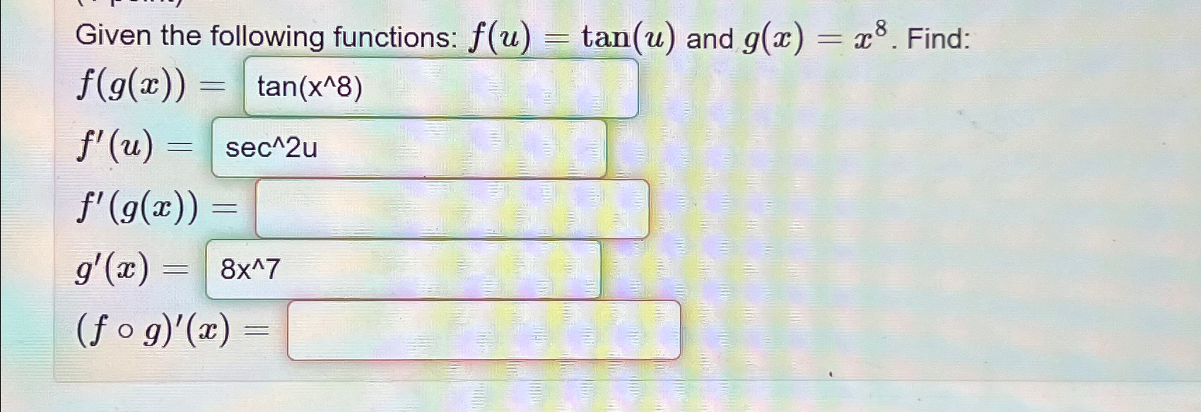 Solved Given the following functions: f(u)=tan(u) ﻿and | Chegg.com