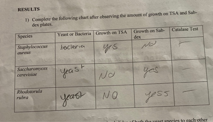 Solved RESULTS 1) Complete the following chart after | Chegg.com