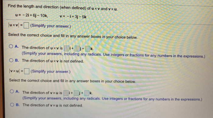 Solved Find the length and direction (when defined) of u xv | Chegg.com