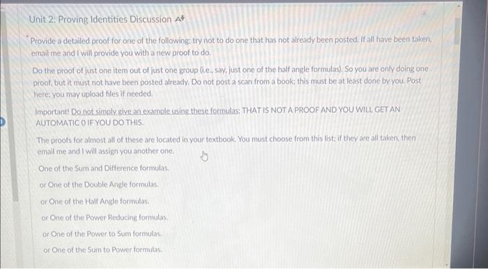 Solved Unit 2: Proving Identities Discussion At Provide a | Chegg.com