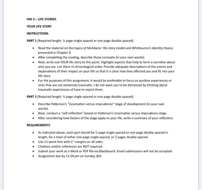 Solved HW 3-LIFE STORIES YOUR LIFE STORY INSTRUCTIONS PART 1 | Chegg.com