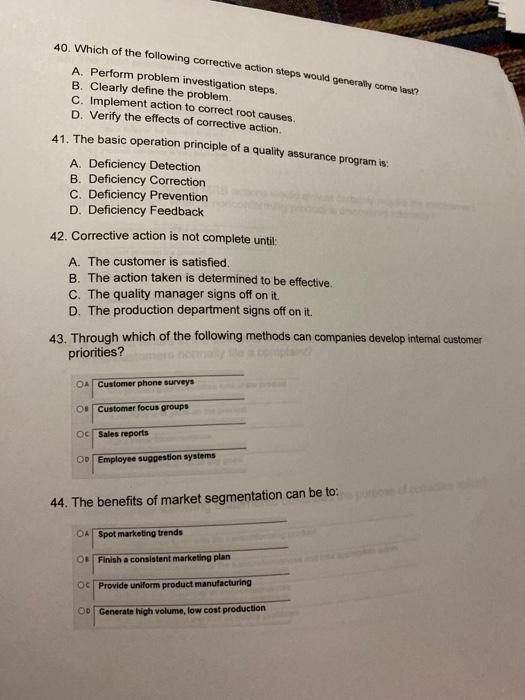 Solved 40. Which of the following corrective action steps | Chegg.com