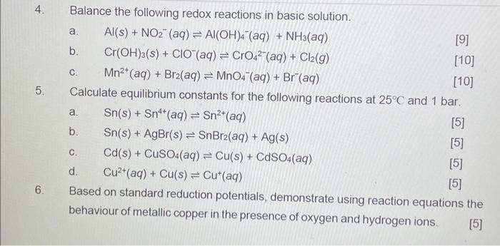 Solved 4. Balance the following redox reactions in basic | Chegg.com