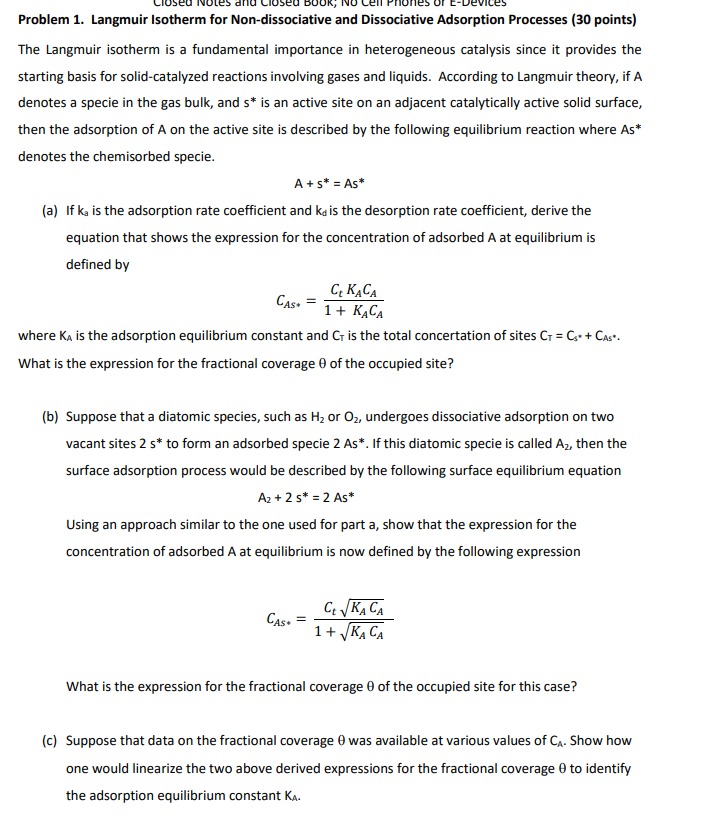 Solved Problem 1. ﻿Langmuir Isotherm for Non-dissociative | Chegg.com