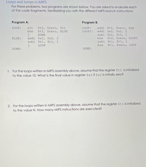 Solved Loops and Jumps in MIPS For these problems, two | Chegg.com