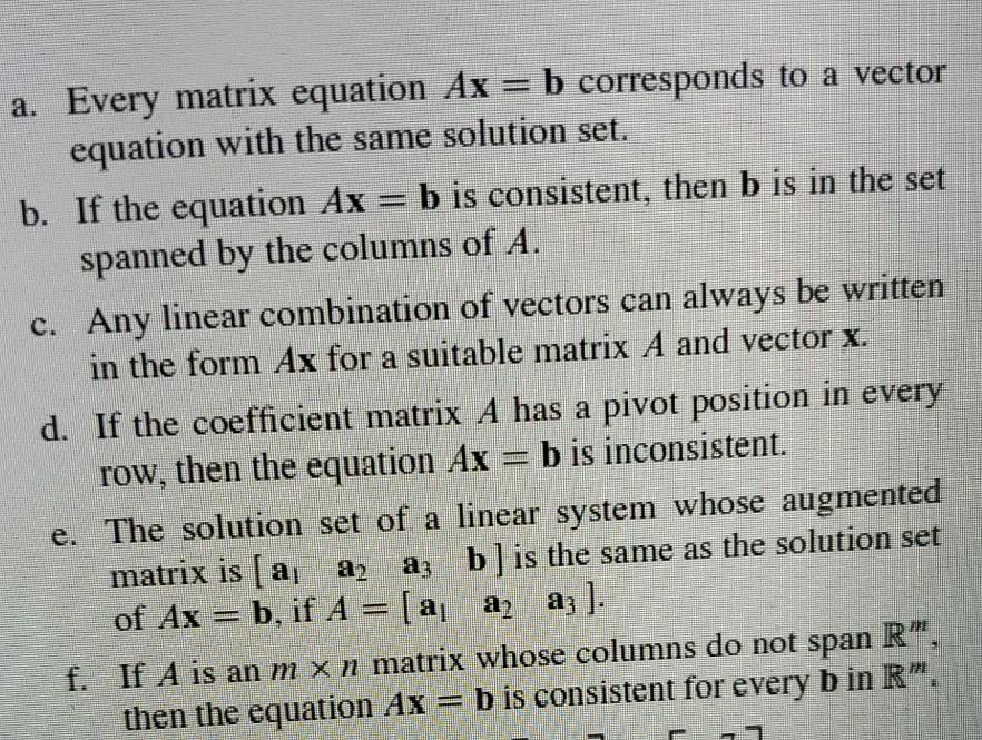 a. Every matrix equation Ax=b corresponds to a vector | Chegg.com