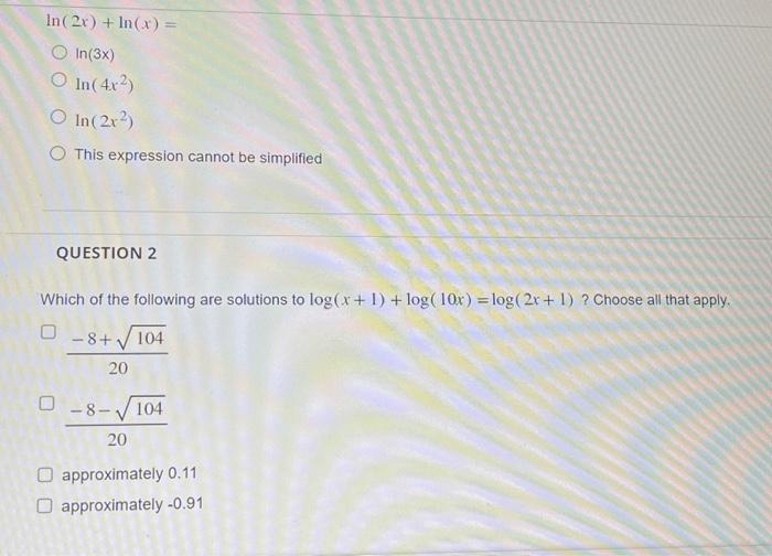Solved ln(2x)+ln(x)= ln(3x) ln(4x2) ln(2x2) This expression | Chegg.com
