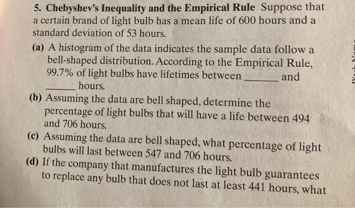 Solved 5. Chebyshev's Inequality and the Empirical Rule | Chegg.com