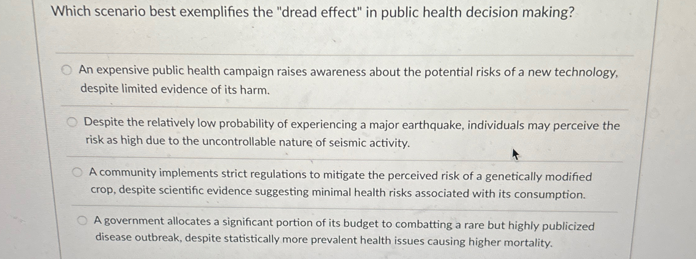 Solved Which scenario best exemplifies the "dread effect" in | Chegg.com
