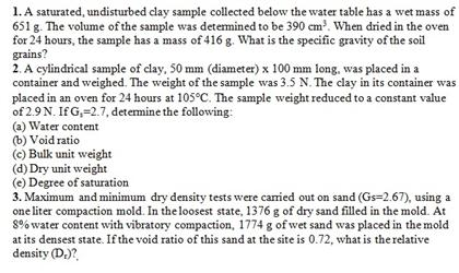Solved A saturated, undisturbed clay sample collected below | Chegg.com