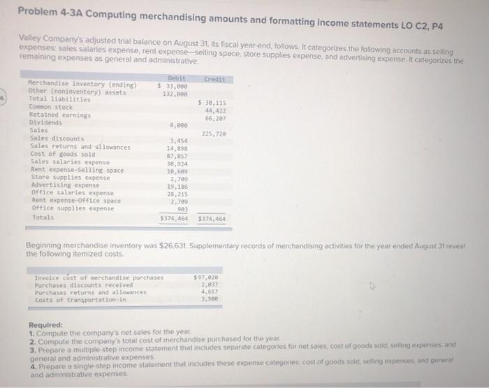 Solved Problem 4-3A Computing merchandising amounts and | Chegg.com