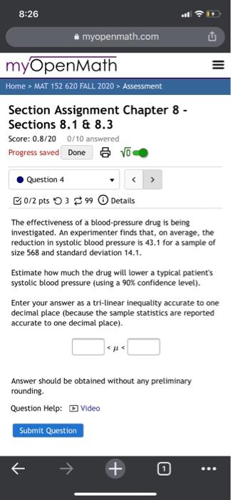 8:26 = myopenmath.com myOpenMath Home > MAT 152 620 | Chegg.com