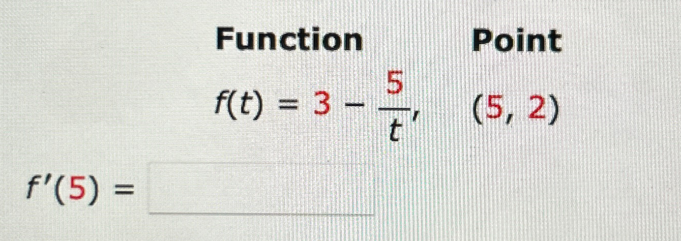 Solved Function f(t)=3-5t, ﻿Point f'(5)= | Chegg.com