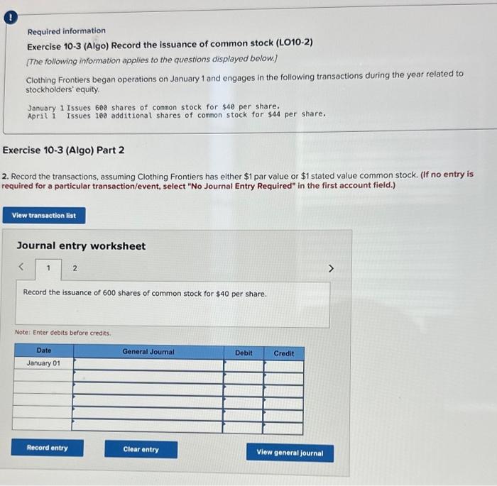 Solved Aequired information Exercise 10-3 (Algo) Record the | Chegg.com