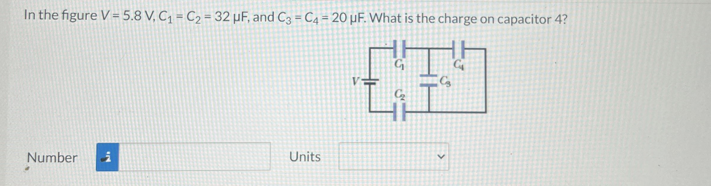 Solved In the figure V=5.8V,C1=C2=32μF, ﻿and C3=C4=20μF. | Chegg.com
