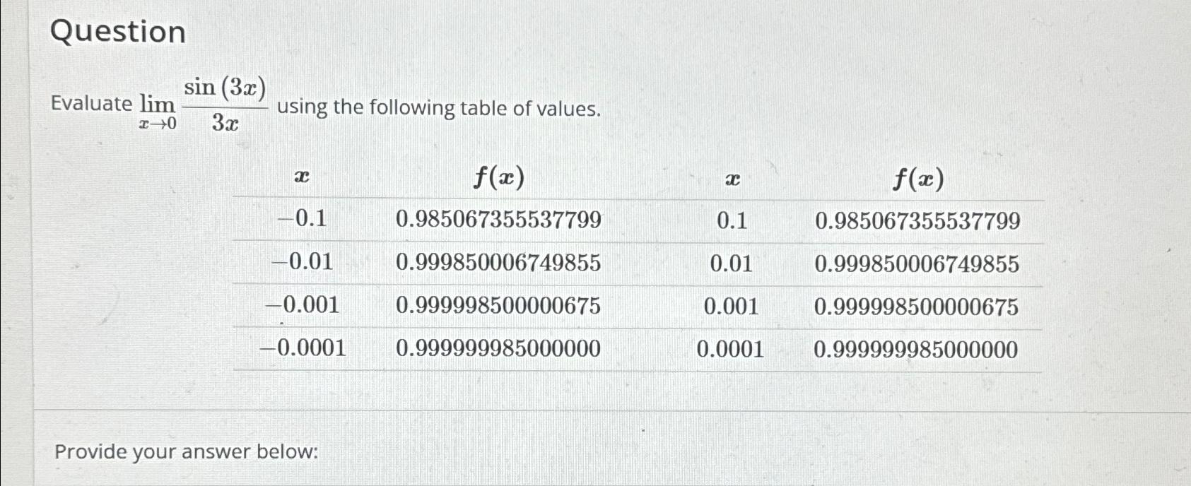 Solved QuestionEvaluate limx→0sin(3x)3x ﻿using the following | Chegg.com