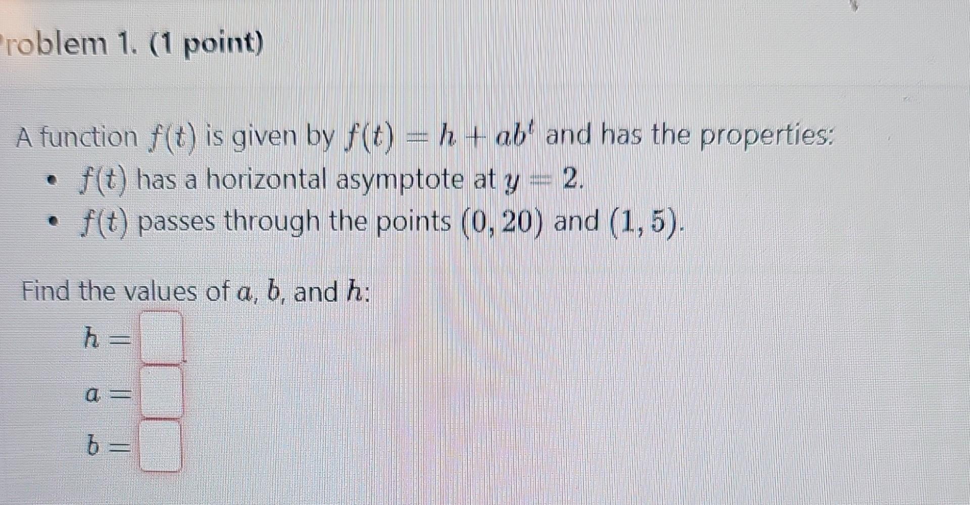 Solved A function f(t) is given by f(t)=h+abt and has the | Chegg.com