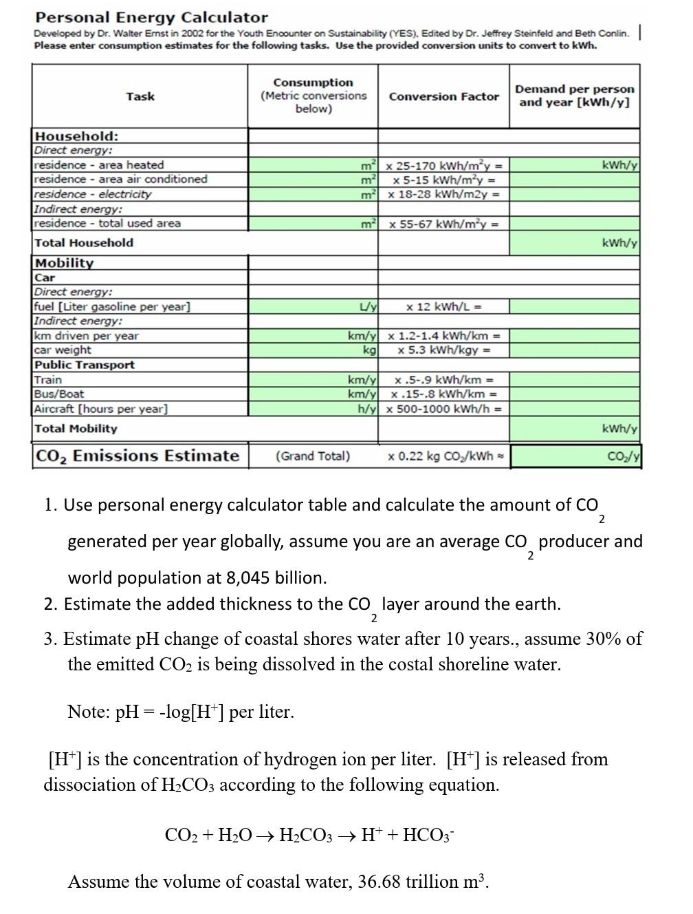 Personal Energy Calculator Developed by Dr. Walter | Chegg.com