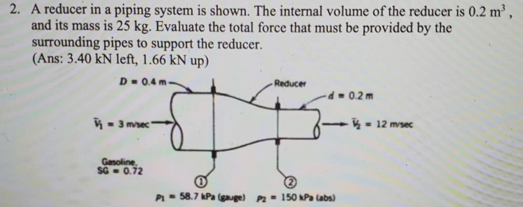 Solved 2. A reducer in a piping system is shown. The | Chegg.com