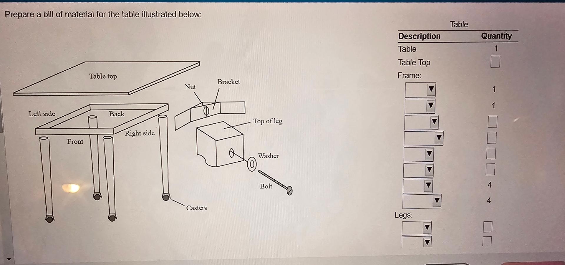 Solved Prepare a bill of material for the table illustrated | Chegg.com