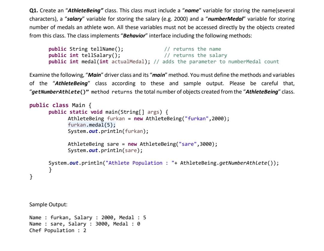Solved Q1. Create an "AthleteBeing" class. This class must | Chegg.com
