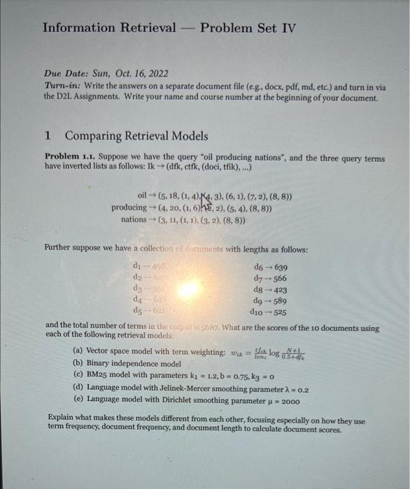 Information Retrieval - Problem Set IV Due Date: Sun, | Chegg.com
