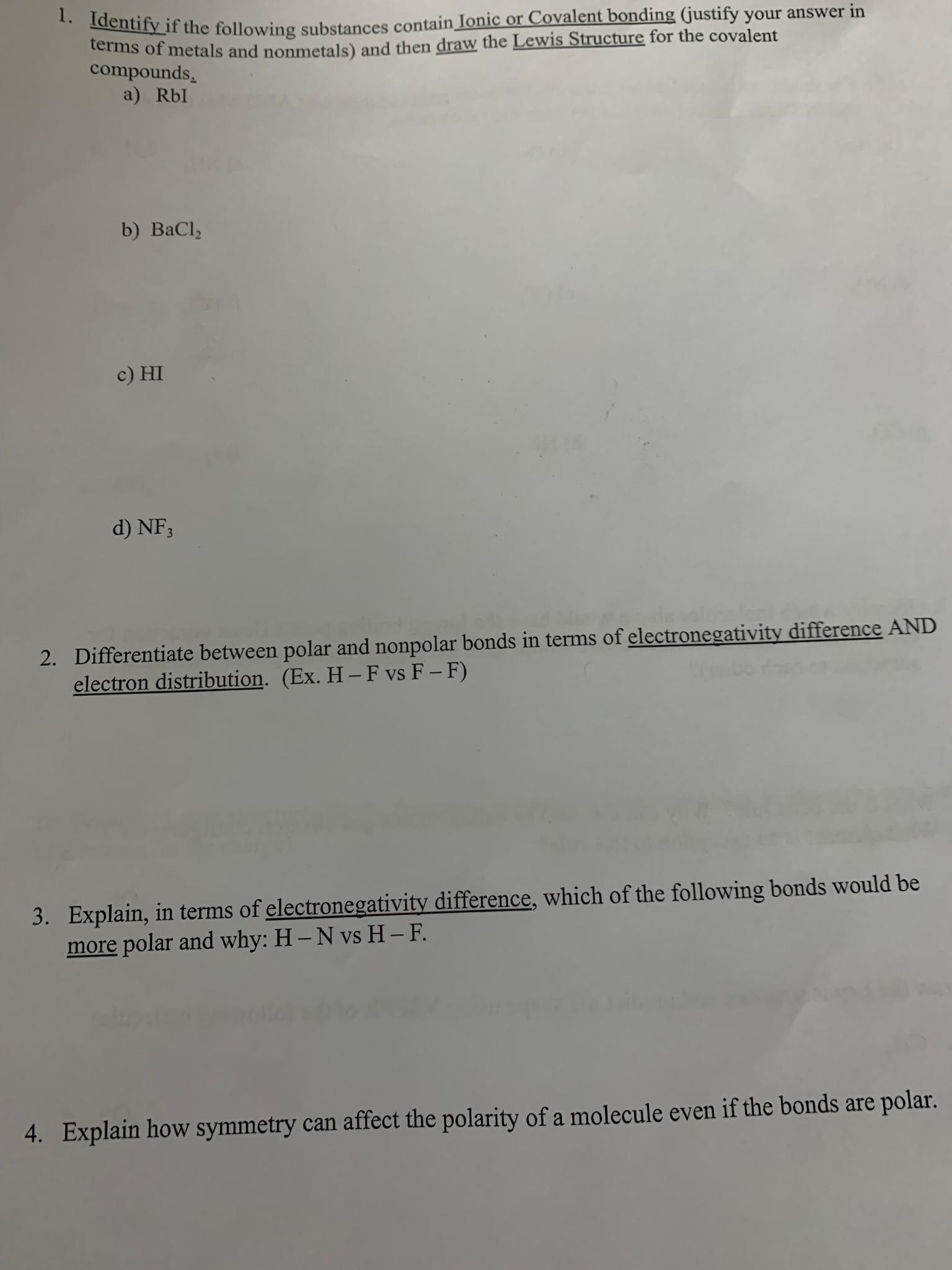 Solved Identify if the following substances contain Ionic or | Chegg.com