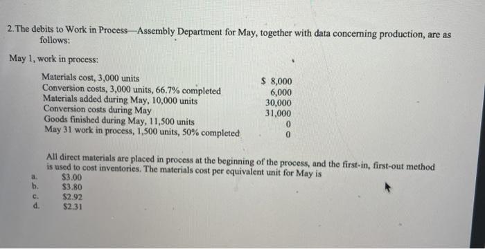 Solved 2. The debits to Work in Process Assembly Department | Chegg.com