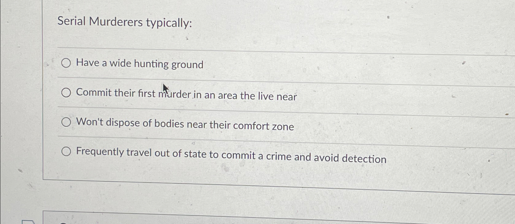 Solved Serial Murderers typically:Have a wide hunting | Chegg.com