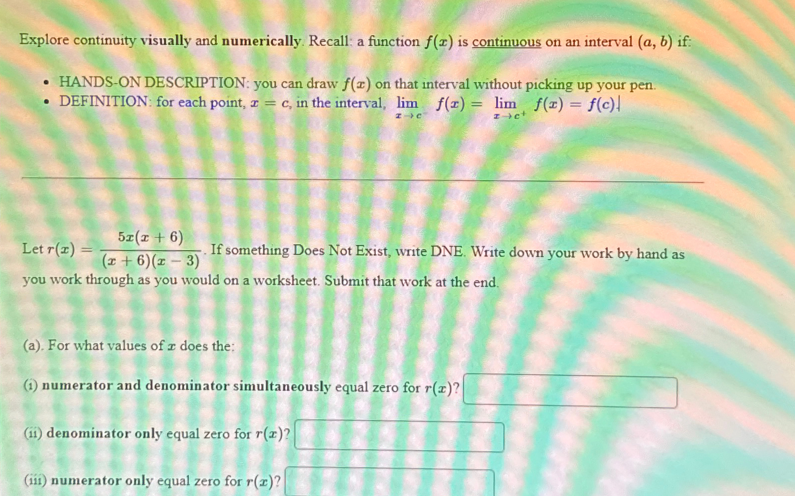 Solved Explore continuity visually and numerically. Recall: | Chegg.com
