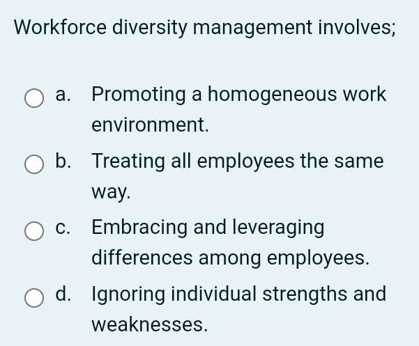 Solved Workforce diversity management involves;a. ﻿Promoting | Chegg.com