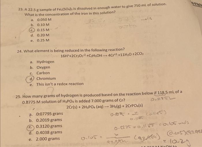 Solved 23. A 22.5 g sample of Fe2(SO4)3 is dissolved in | Chegg.com