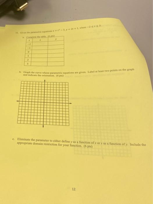 Solved 16. Given the parametric equations x = t² - 3, y = 2t | Chegg.com