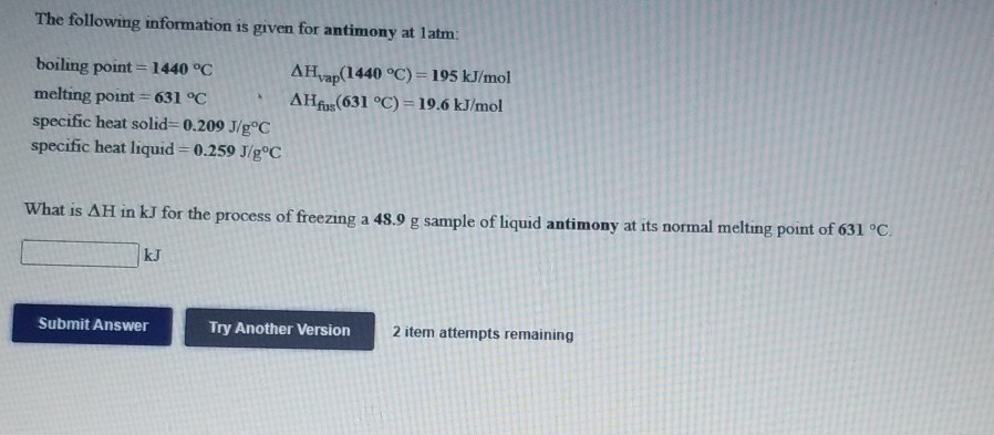 Solved The following information is given for antimony at | Chegg.com
