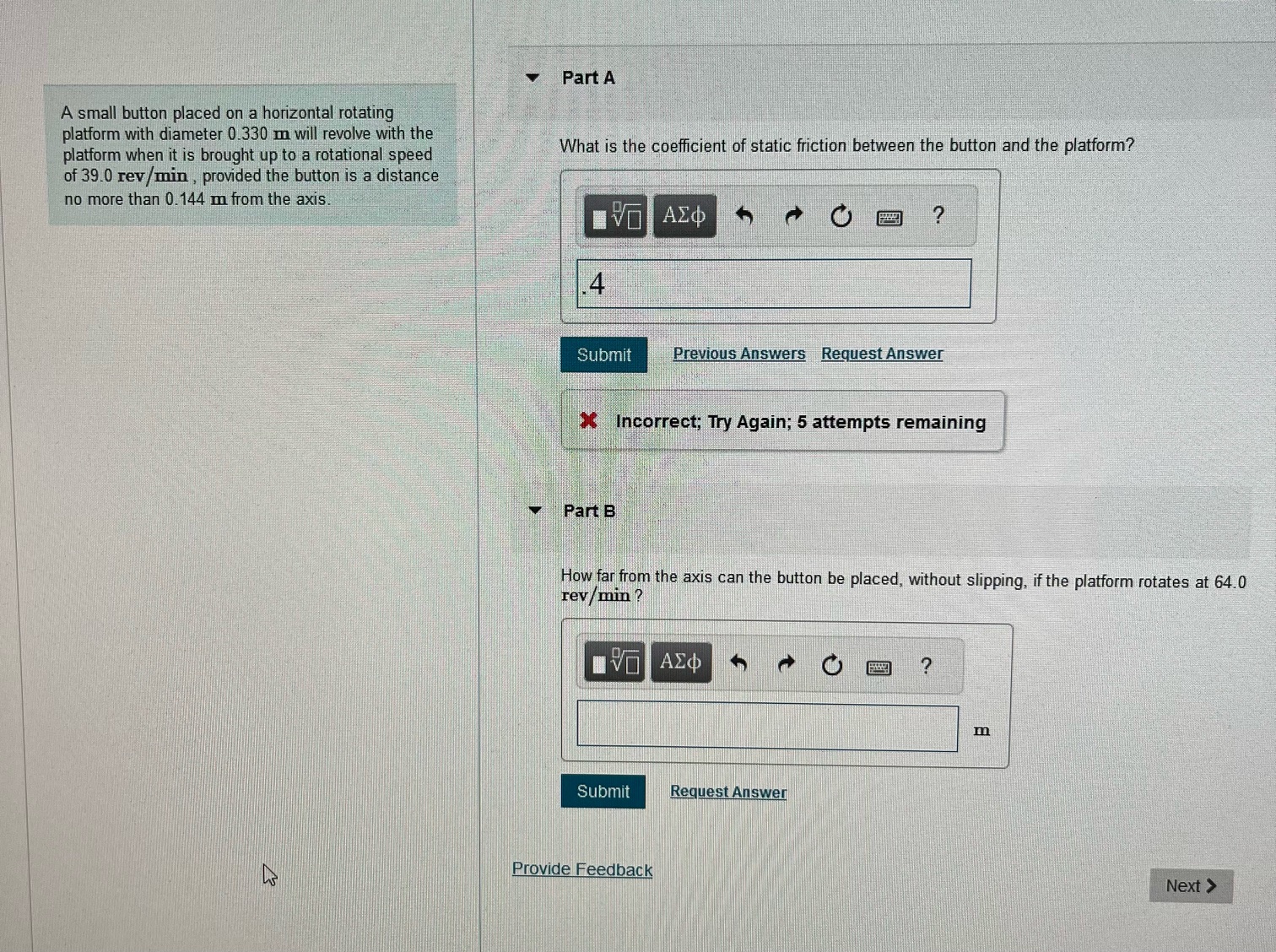 Solved Part AA small button placed on a horizontal | Chegg.com