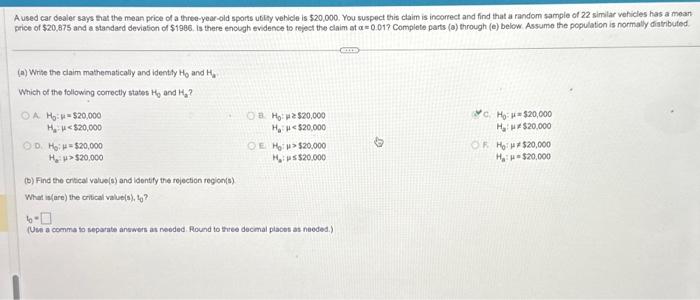 Solved A used car dealer says that the mear price of a | Chegg.com