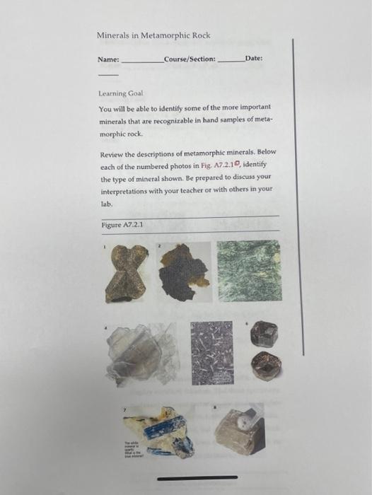 Solved Metamorphic Rock Inquiry Name: Course/Section: Date: | Chegg.com